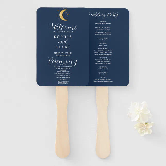 Crescent Moon Starry Night Navy Wedding Program Hand Fan | Zazzle