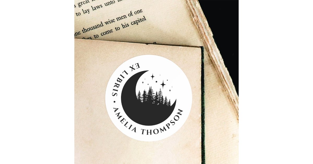 Crescent Moon Trees & Stars Round Ex Libris Book Classic Round Sticker | Zazzle