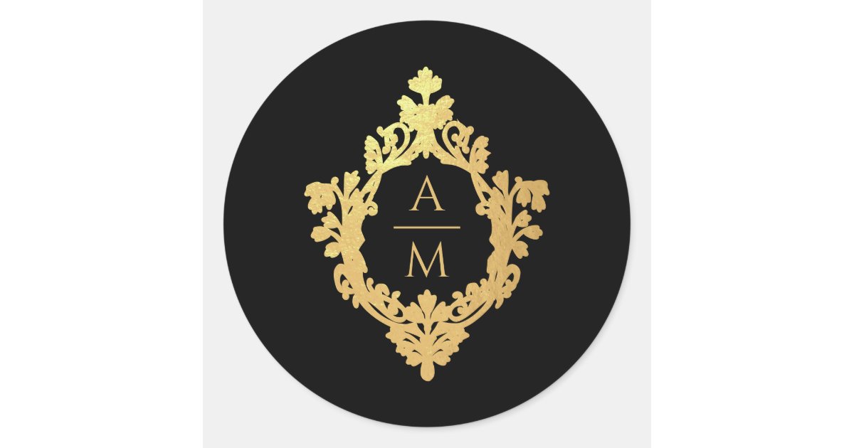 Crest Black Faux Gold Elegant Monogram 2 Initials Classic Round Sticker ...