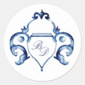 Crest Blue and white Delft Monogrammed wedding Classic Round Sticker ...