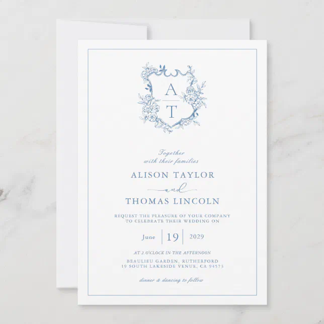 Crest Vibrant Blue Monogram QR Code Wedding Invitation | Zazzle