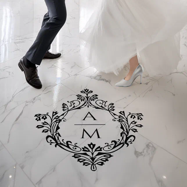 Crest Wedding Monogram 2 Initials Vintage Black Floor Decals | Zazzle