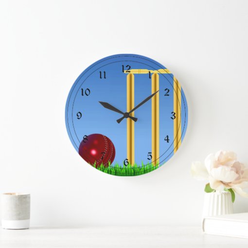 Cricket, wicket and ball large clock | Zazzle