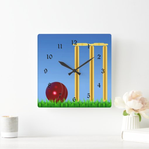 Cricket, wicket and ball square wall clock | Zazzle