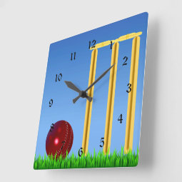 Cricket, wicket and ball square wall clock | Zazzle