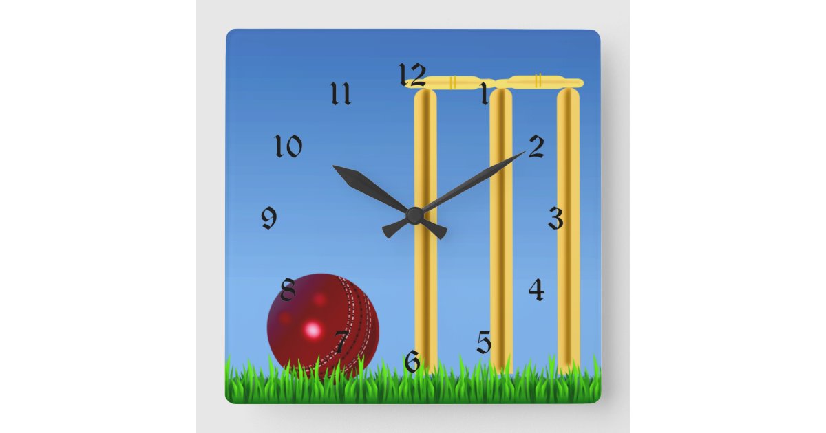 Cricket, wicket and ball square wall clock | Zazzle