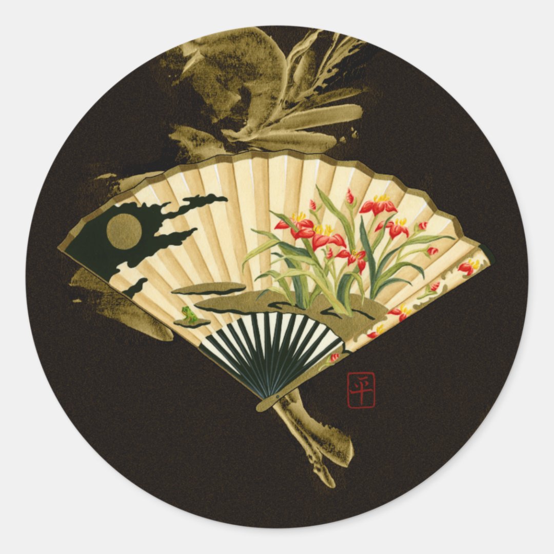 Crimped Oriental Fan with Floral Design Classic Round Sticker | Zazzle