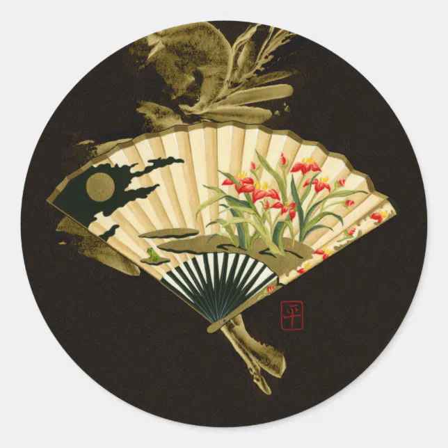 Crimped Oriental Fan with Floral Design Classic Round Sticker | Zazzle