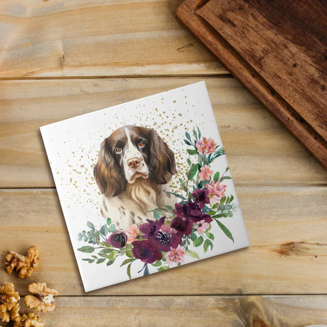 Crimson Floral Bouquet Springer Spaniel Dog Ceramic Tile | Zazzle