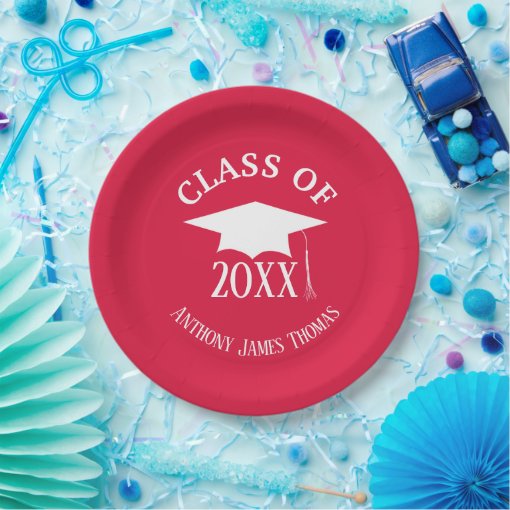 Crimson Grad Cap and Leaves Paper Plates 9" | Zazzle