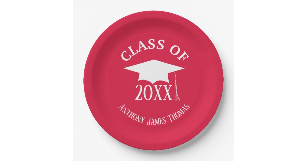 Crimson Grad Cap and Leaves Paper Plates 9" | Zazzle