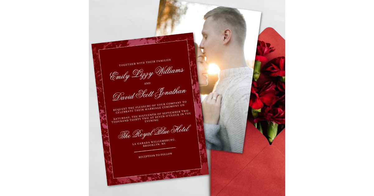 Crimson Red Classic Calligraphy Abstract Photo Invitation | Zazzle