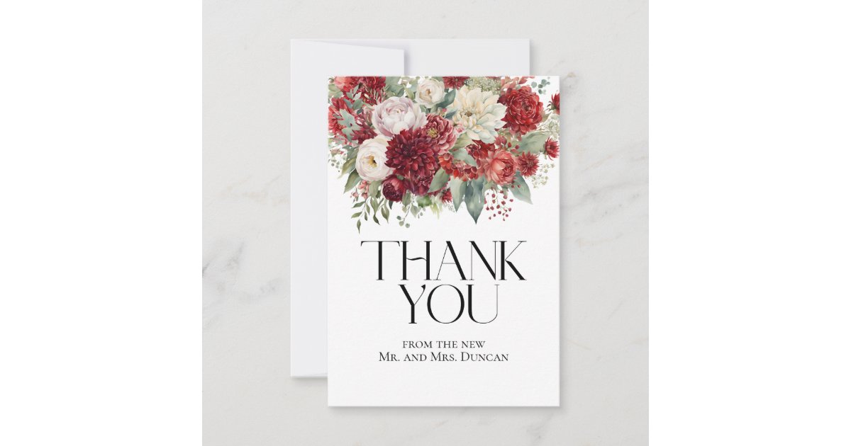 Crimson Red Floral Dahlia Wedding Simple Photo Thank You Card | Zazzle