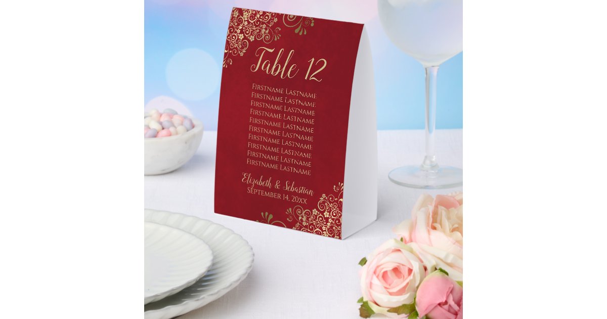 Crimson Red & Gold Wedding Table Number & Names Paper Table Tent | Zazzle