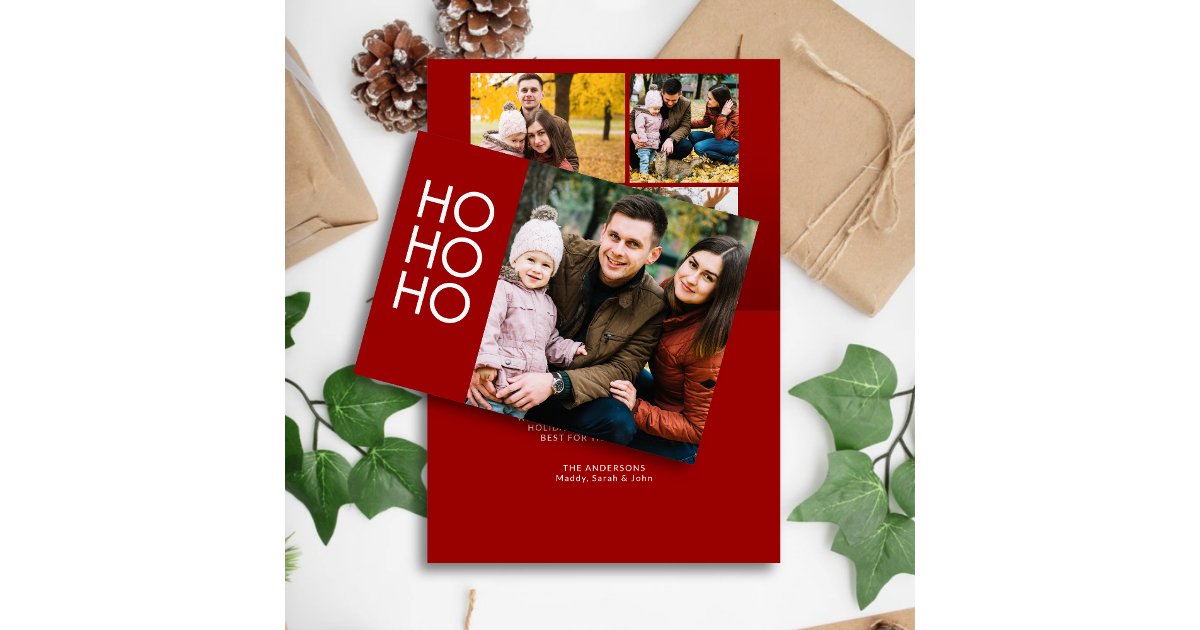 Crimson Red "HO HO HO" Holiday Card | Zazzle