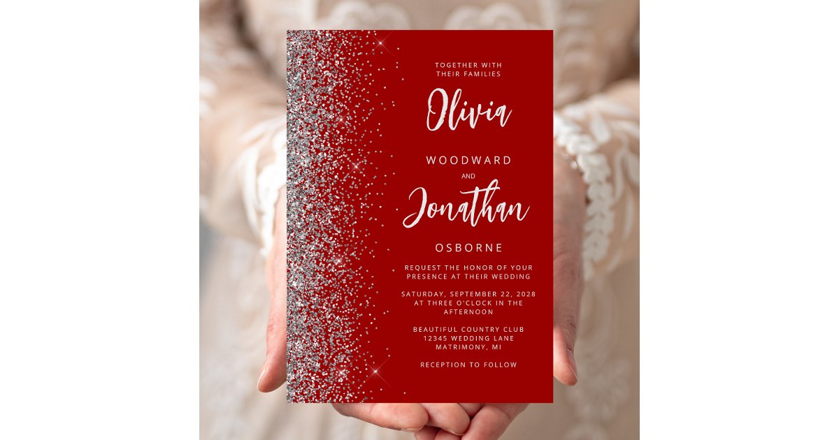 Crimson Red Silver Glitter Calligraphy Wedding Invitation | Zazzle