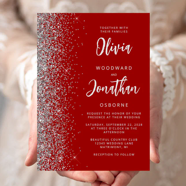Crimson Red Silver Glitter Calligraphy Wedding Invitation | Zazzle
