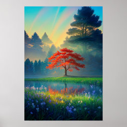 Crimson Tree Amidst Forest Clearing Poster | Zazzle