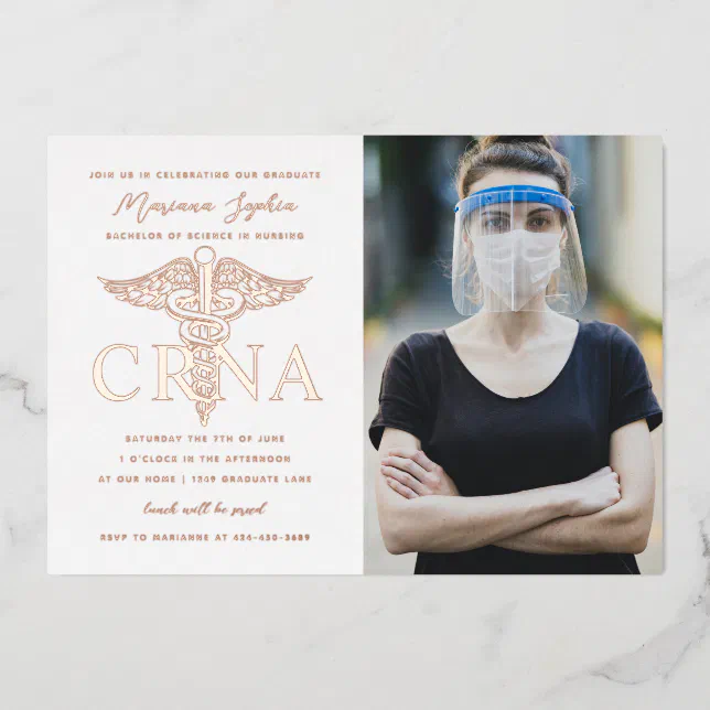 CRNA Nursing Graduation Photo Gold Foil Invitation | Zazzle