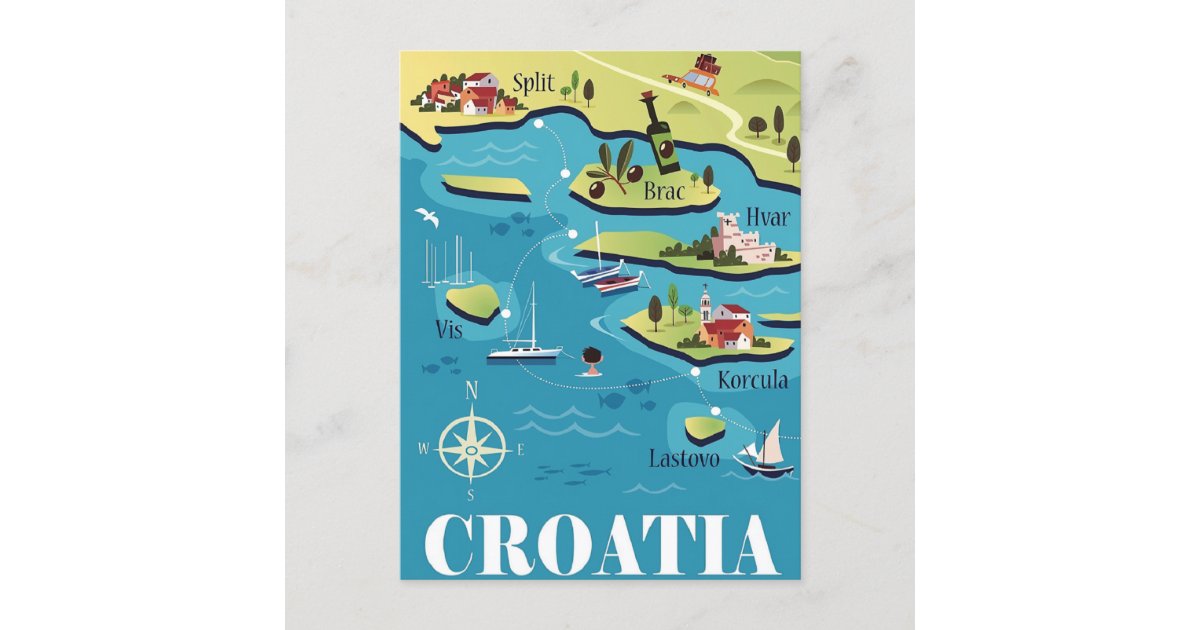 Croatia Illustrated Map Postcard | Zazzle