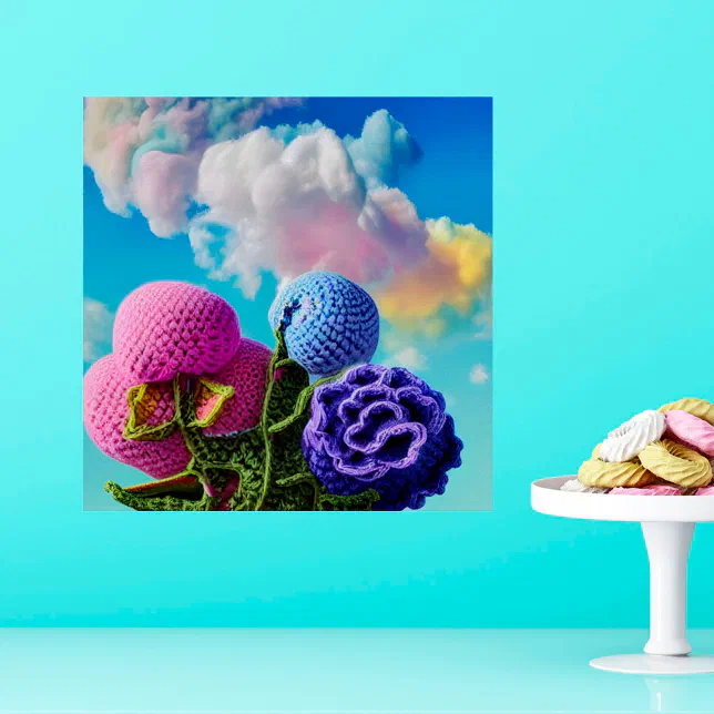 Crocheted Wildflowers In the Clouds Digital Art Poster | Zazzle