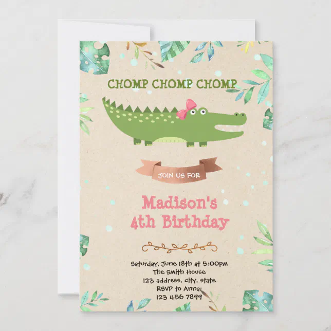 Crocodile girl birthday party invitation | Zazzle
