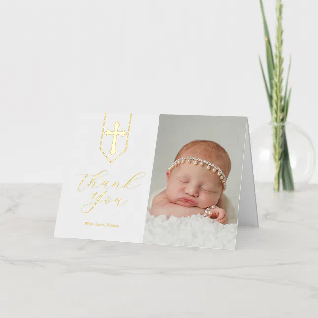 Cross Banner Script Religious Thank You Photo Foil Greeting Card | Zazzle