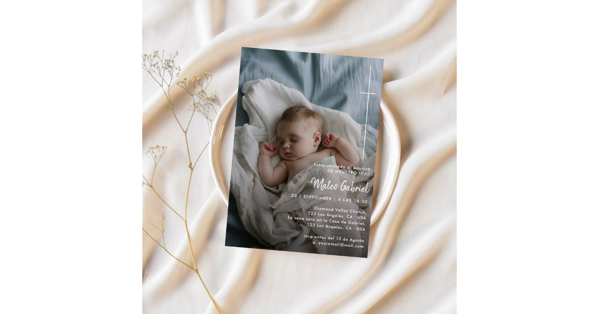 Cross Catholic Baptism Calligraphy Bautizo Photo Invitation | Zazzle
