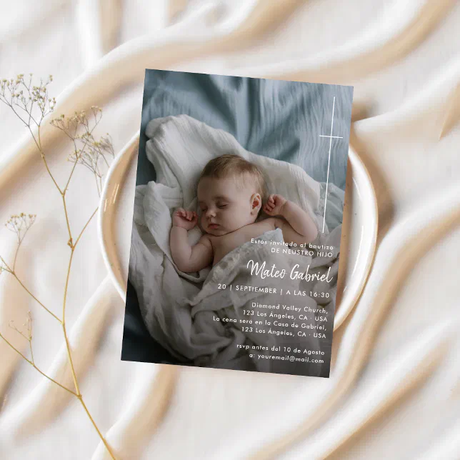 Cross Catholic Baptism Calligraphy Bautizo Photo Invitation | Zazzle