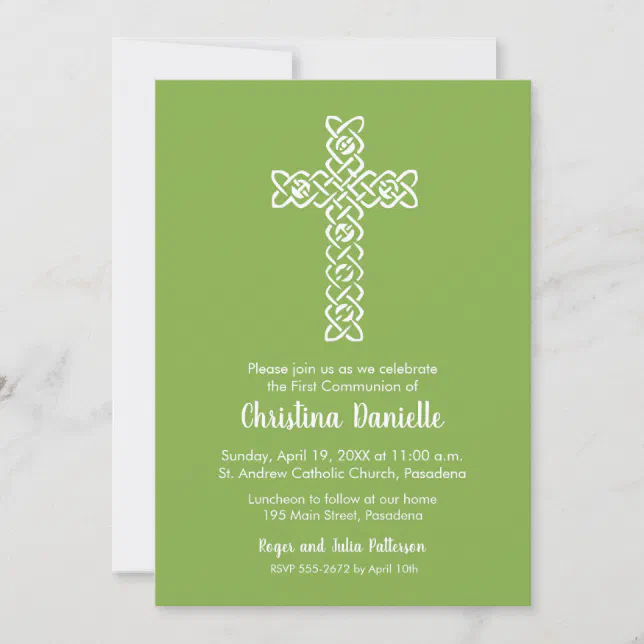 Cross on Green First Communion Invites | Zazzle