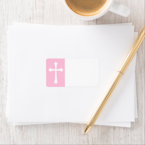 Cross on pink. Baptism, communion or confirmation Label | Zazzle