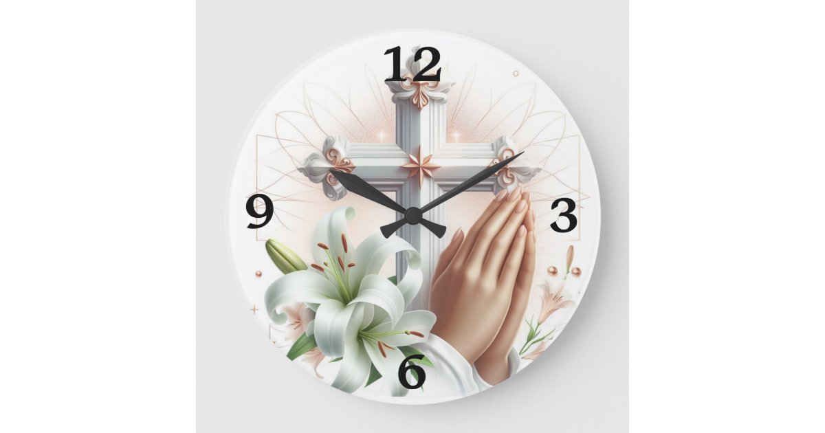 Cross, Praying Hands and Lilies Large Clock | Zazzle