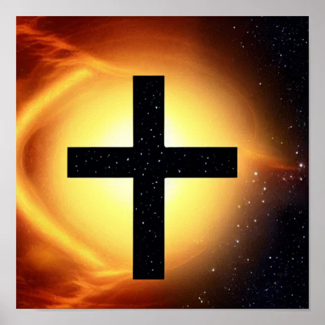 Cross Surrounded by Stars in Fire Nebula Poster | Zazzle