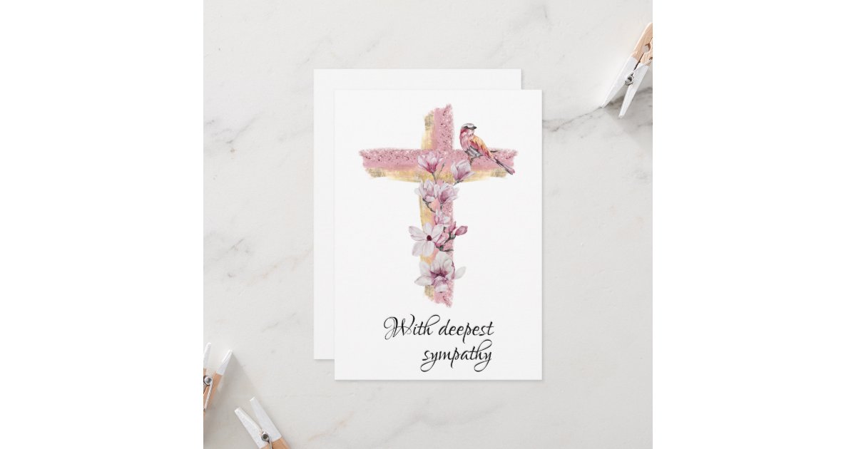 Cross with pink magnolias sympathy card | Zazzle