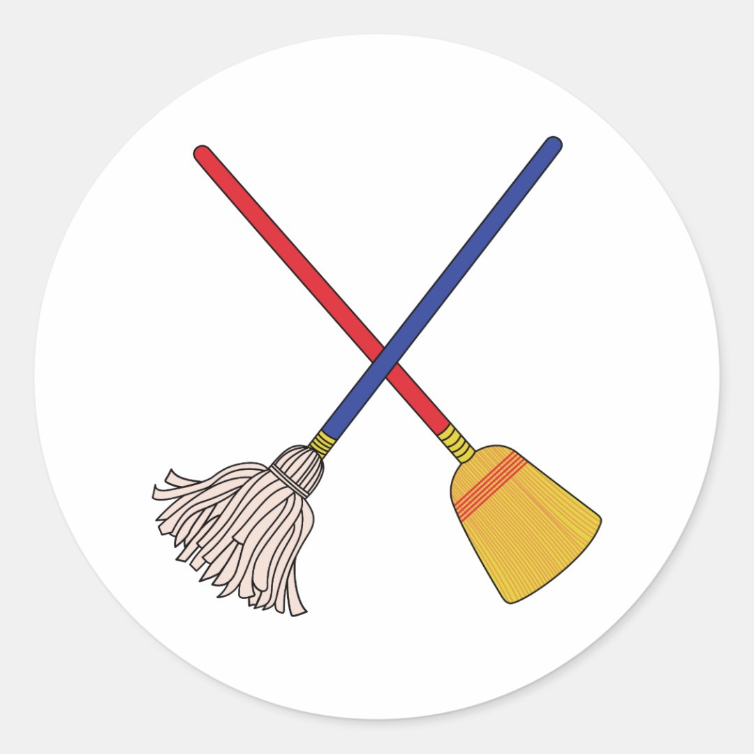 Crossed Mop & Broom Classic Round Sticker | Zazzle