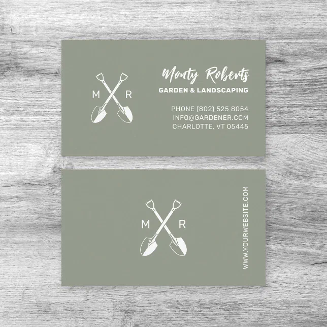 Crossed Spades Logo Garden Landscaping Mud Green | Business Card | Zazzle