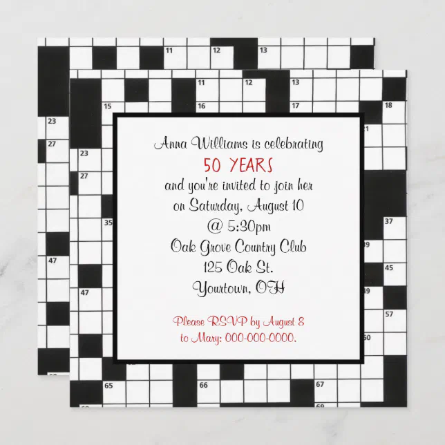 crossword puzzle-birthday party invite | Zazzle
