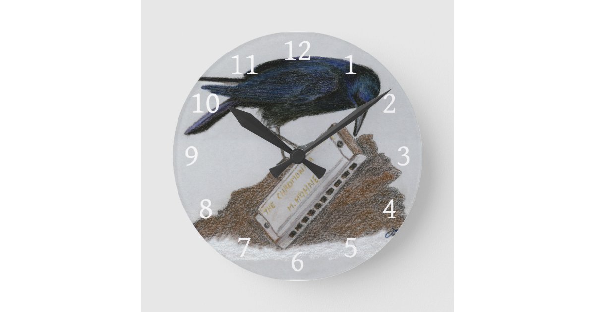 Crow and Harmonica Round Clock | Zazzle