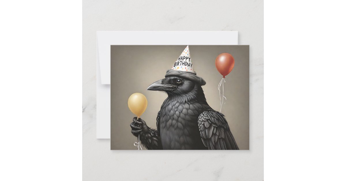 Crow holding yellow balloon happy birthday hat postcard | Zazzle