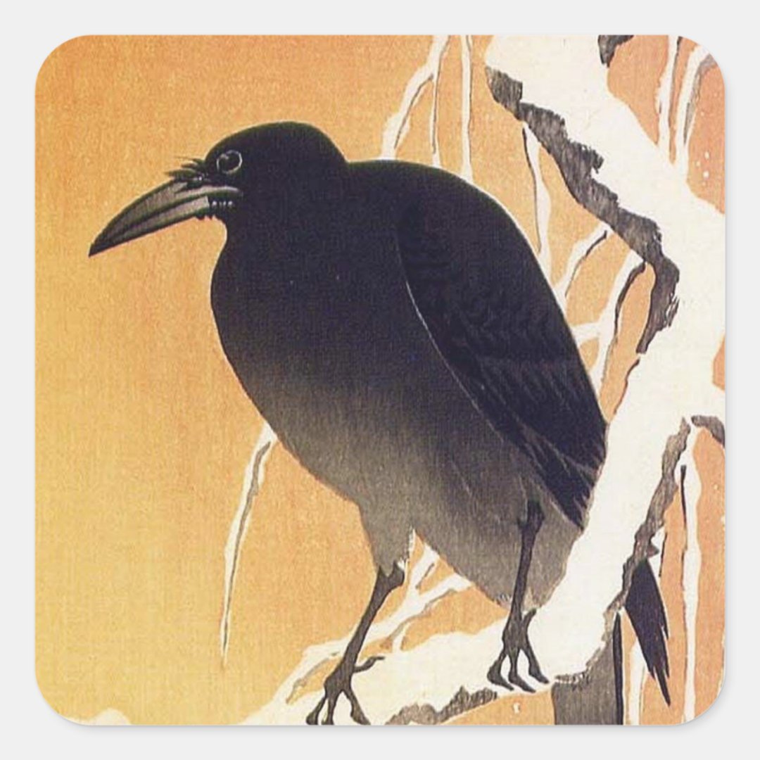 Crow on a Branch by Ohara Koson Vintage Square Sticker | Zazzle