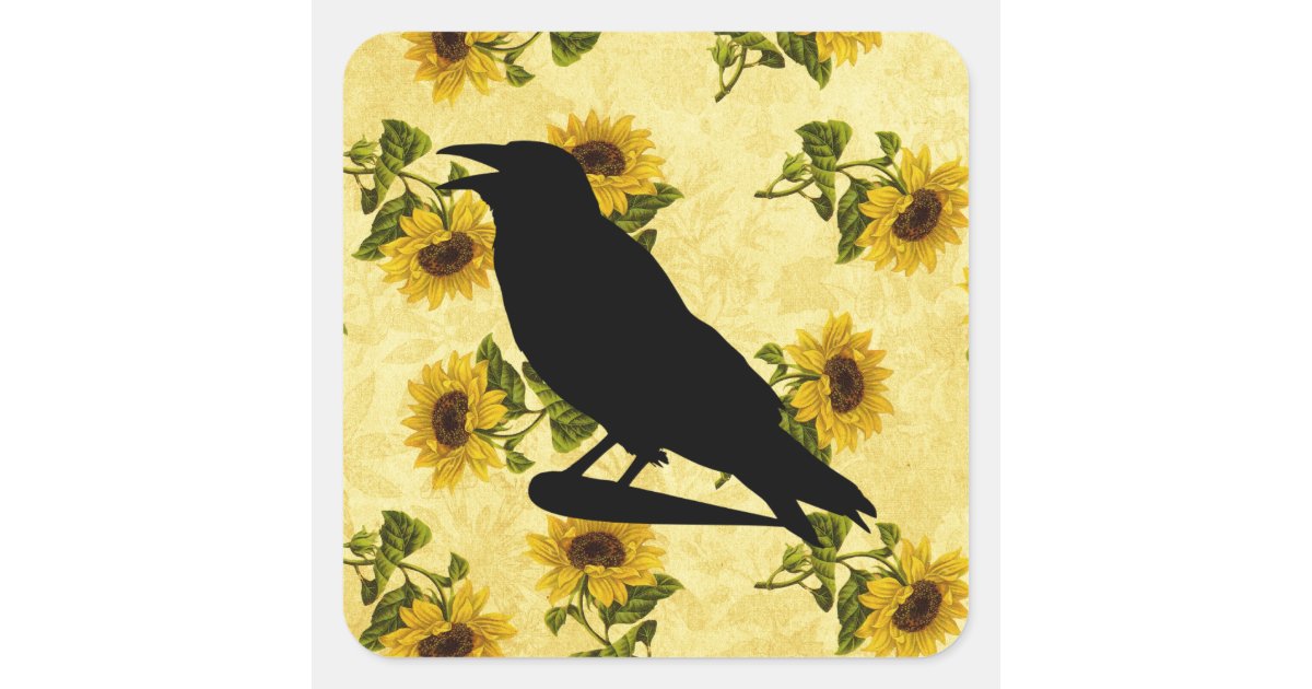 Crow on Sunflowers Square Sticker | Zazzle