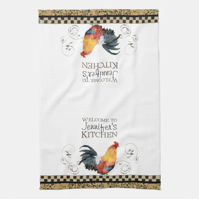 Crowing Rooster Black & Tan Check Swirl Kitchen Towel | Zazzle