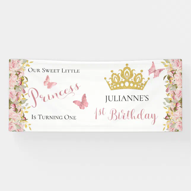 Crown | Butterflies Floral Princess 1st Birthday Banner | Zazzle