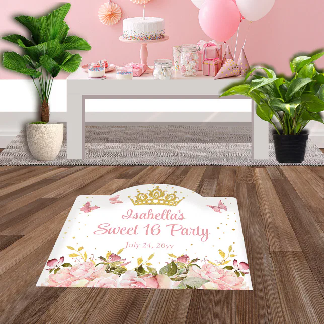 Crown |Butterflies Pink Rose Floral Sweet 16 Party Floor Decals | Zazzle