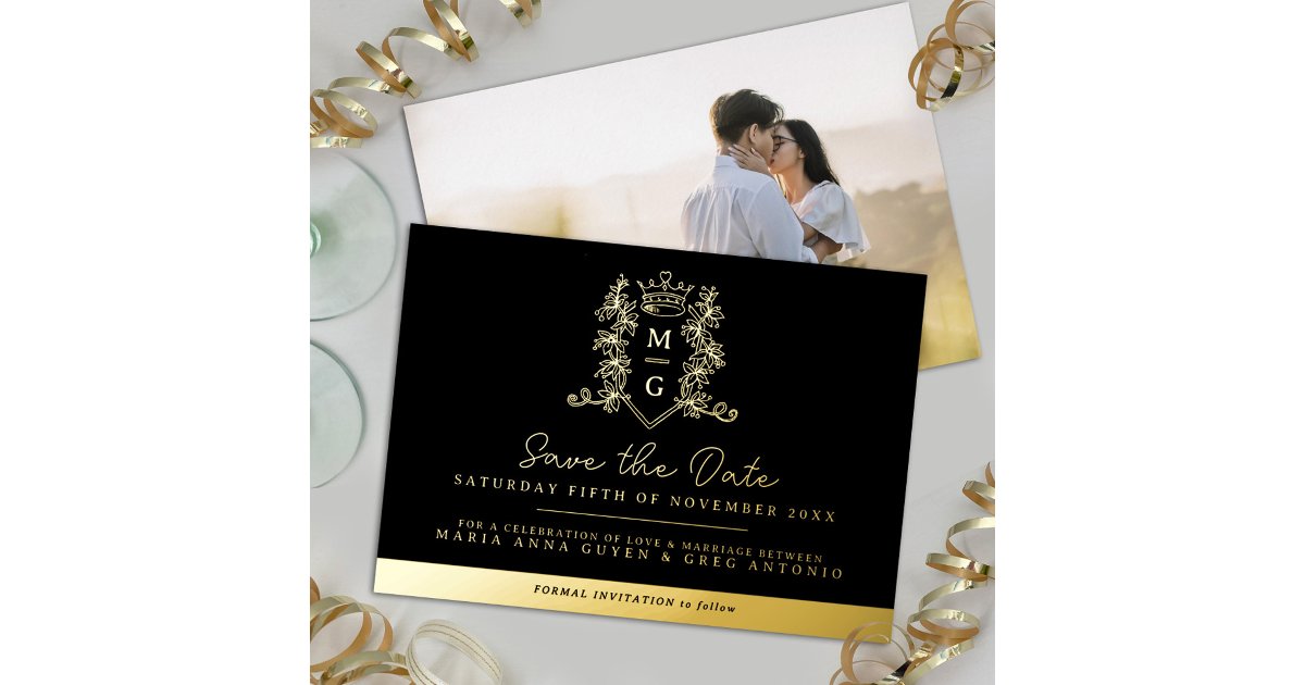 Crown crest black gold photo wedding save the date foil invitation | Zazzle