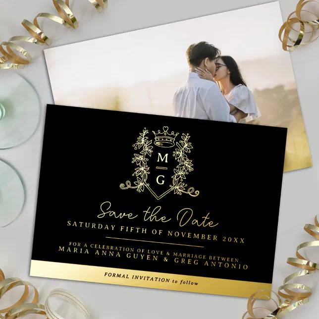 Crown crest black gold photo wedding save the date foil invitation | Zazzle