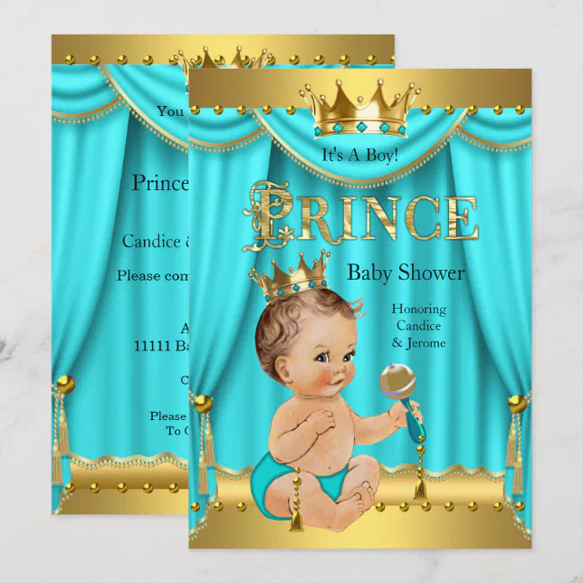 Crown Prince Baby Shower Gold Aqua Teal Brunette Invitation | Zazzle
