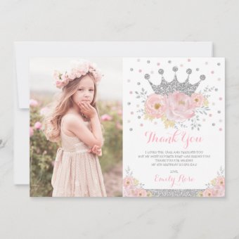 Crown Princess Blush Pink Silver Birthday Photo Thank You Card | Zazzle