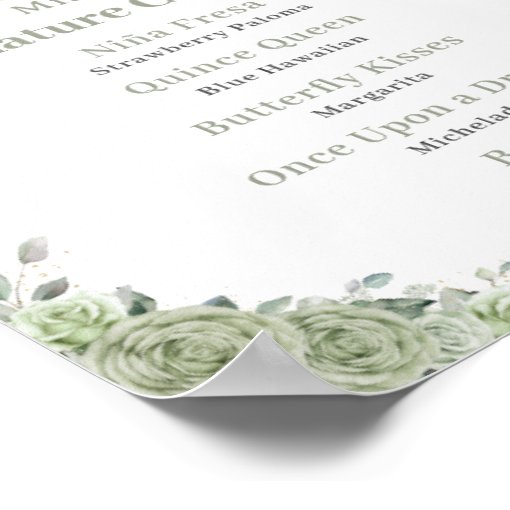 Crown Sage Green Floral Quinceanera Bar Drink Menu Poster | Zazzle
