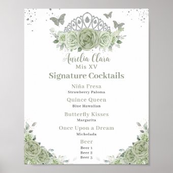 Crown Sage Green Floral Quinceanera Bar Drink Menu Poster | Zazzle
